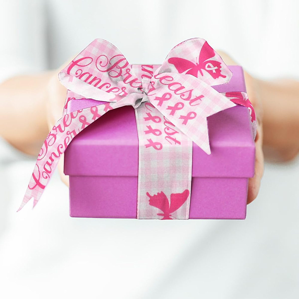 Breast Cancer Awareness Fabric Decor Ribbons Pink White Plaid Burlap Linen Ribbons for Breast Cancer Charity Party Hanging Decoration Gift Wrapping Indoor Outdoor Craft Supplies, 2.5 Inch * 10 Yards