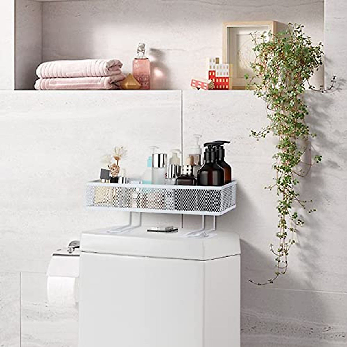BSTKEY Metal Mesh Bathroom Over The Toilet Storage Shelf, Bathroom Storage Rack Toilet Tank Shelf Organizer with 2 Adhesive Hooks, Restroom Organizers Toilet Storage No Drilling Space Saver, White