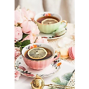 Porcelain Tea Cup with Saucers and Spoon, 2 Sets of 8 Oz Floral Coffee Mug with Gold Trim Holder, Royal Ceramic Teacup Set, Espresso Latte Mugs for Wedding Birthday Table Supplies (Pink + Apple Green)