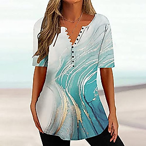 Summer Shirts for Women 2023 Print V-Neck Short Sleeve Tops Floral Patterned Tees Relaxed Athletic Tunic Comfy Cloth 8-Light Blue XX-Large 3/4 Sleeve Top Button Down Tee Marble Graphic T-Shirt