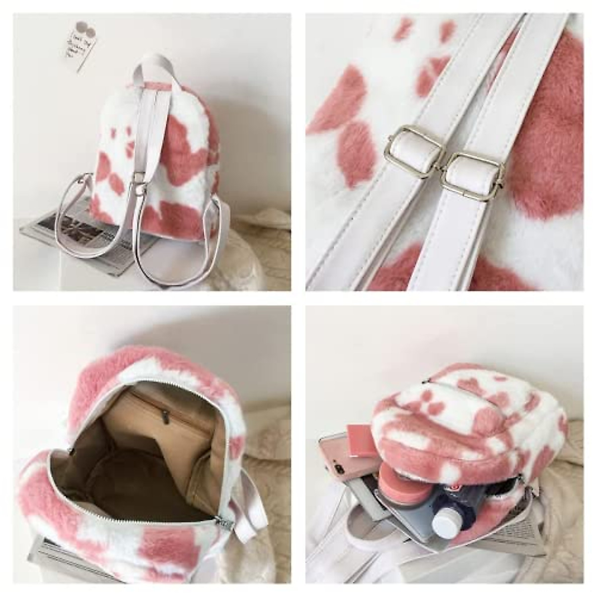 Tomato City Fuzzy 3D Bunny Ear Backpack Kawaii Fluffy Shouder Bag Purse Girls (Pink Cow Print,Faux Fur)