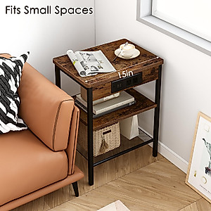 Fixwal Side Table, Night Stand with Charging Station, 3-Tier End Table with Storage Shelf, Side Table for Living Room, Bedroom, Rustic Brown and Black
