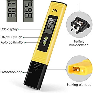 Precise Digital PH Meter, Tester with 0-14 PH Measurement Range for Household Drinking, Pool and Aquarium Water PH Tester Design with ATC Practical (Color : Yellow) Water Quality Detector