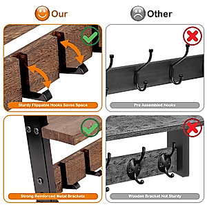 Whimsii Coat Rack Wall Mount with Shelf, 16" with 5 Flippable Wall Hooks for Hanging, Rustic Wood & Reinforced Iron, Entryway, Living Room, Bedroom, Bathroom