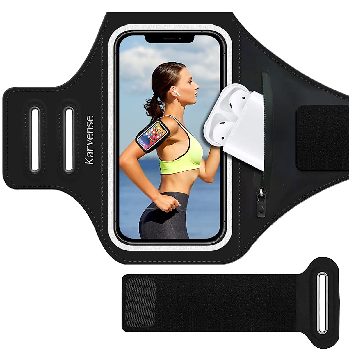 Phone Holder for Running, Karvense Phone Arm Bands for Running Exercise Workout Jogging, for iPhone SE/13 mini/12 mini/11 Pro/8/7/6s, Samsung Galaxy, up to 5.4'', Cell Phone Armband with Zipper Pocket