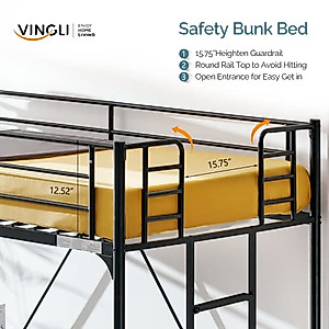 VINGLI Twin Loft Bed with Stairs, Metal Loft Bunk Bed with Safety Guard Rails & Flat Ladder Rung/Rubber Cover for Kids Teens Adults, Black