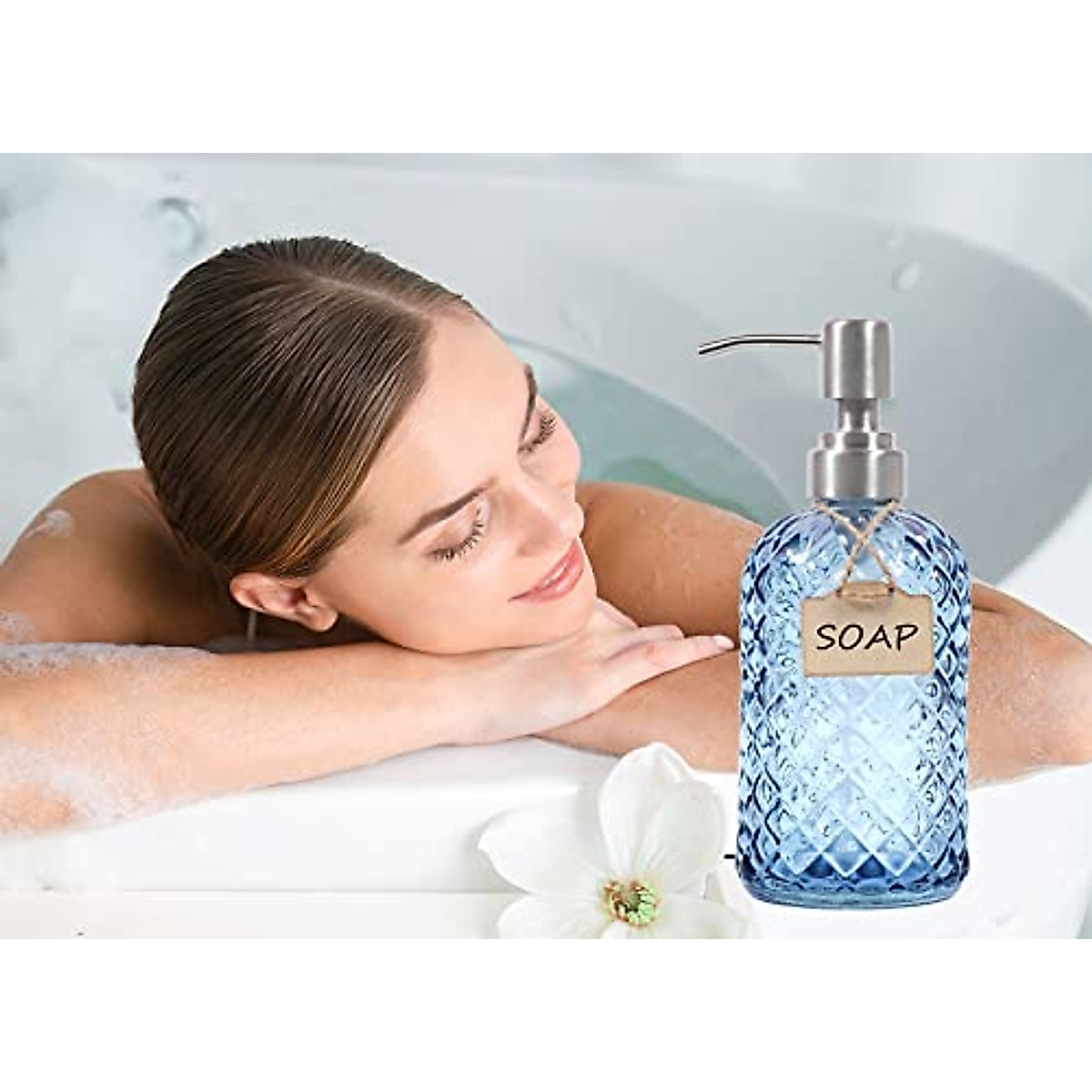 Funly mee Bathroom & Kitchen Glass Hand and Dish Soap Dispenser with 304 Rustproof Stainless Steel Pump (Blue)