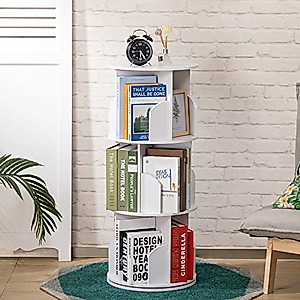 DOEWORKS 3 Tier 360 Rotation Display Bookcase, Rotating Stackable Bookshelf Organizer Storage Display Rack for Home Office, White