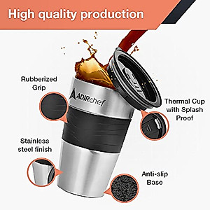 AdirChef Travel Coffee Mug 15 Oz - Insulated BPA Free Stainless Steel Vacuum Tumbler w/Spill Proof Slide Lid for Hot/Cold Drinks Great for Outdoor, Driving, Home or Office Use (Black)