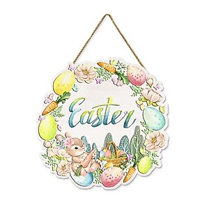 Easter Decorations for the Home, Cute Bunny Colorful Eggs Wooden Hanging Sign, Handmade Welcome Door Hange for Front Porch Window Wall Farmhouse Indoor Outdoor