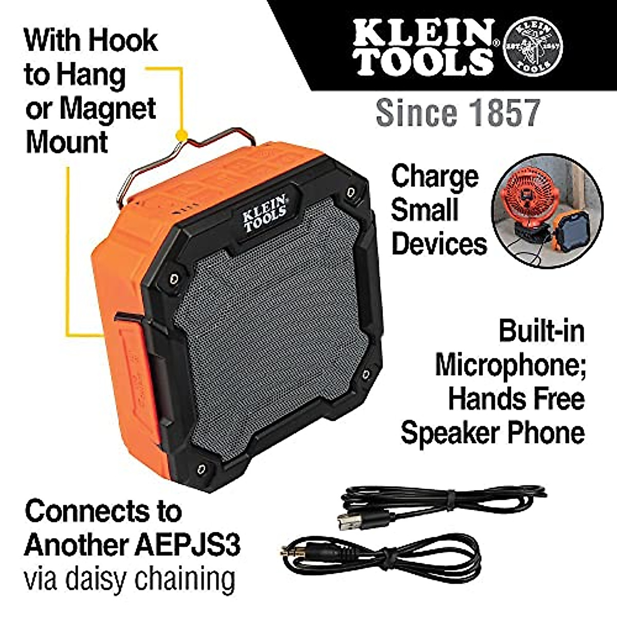 Klein Tools AEPJS3 Bluetooth Jobsite Speaker With Magnet and Hook, 20-Hr Run Time, Charge Devices Via USB A or C Ports, Daisy Chain for Pairing, Hands Free Capable, IP54 Dust and Water Resistant