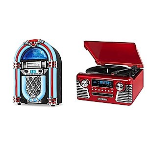 Victrola Nostalgic Wood Countertop Jukebox with Built-in Bluetooth Silver & 50's Retro Bluetooth Record Player & Multimedia Center with Built-in Speakers | Red