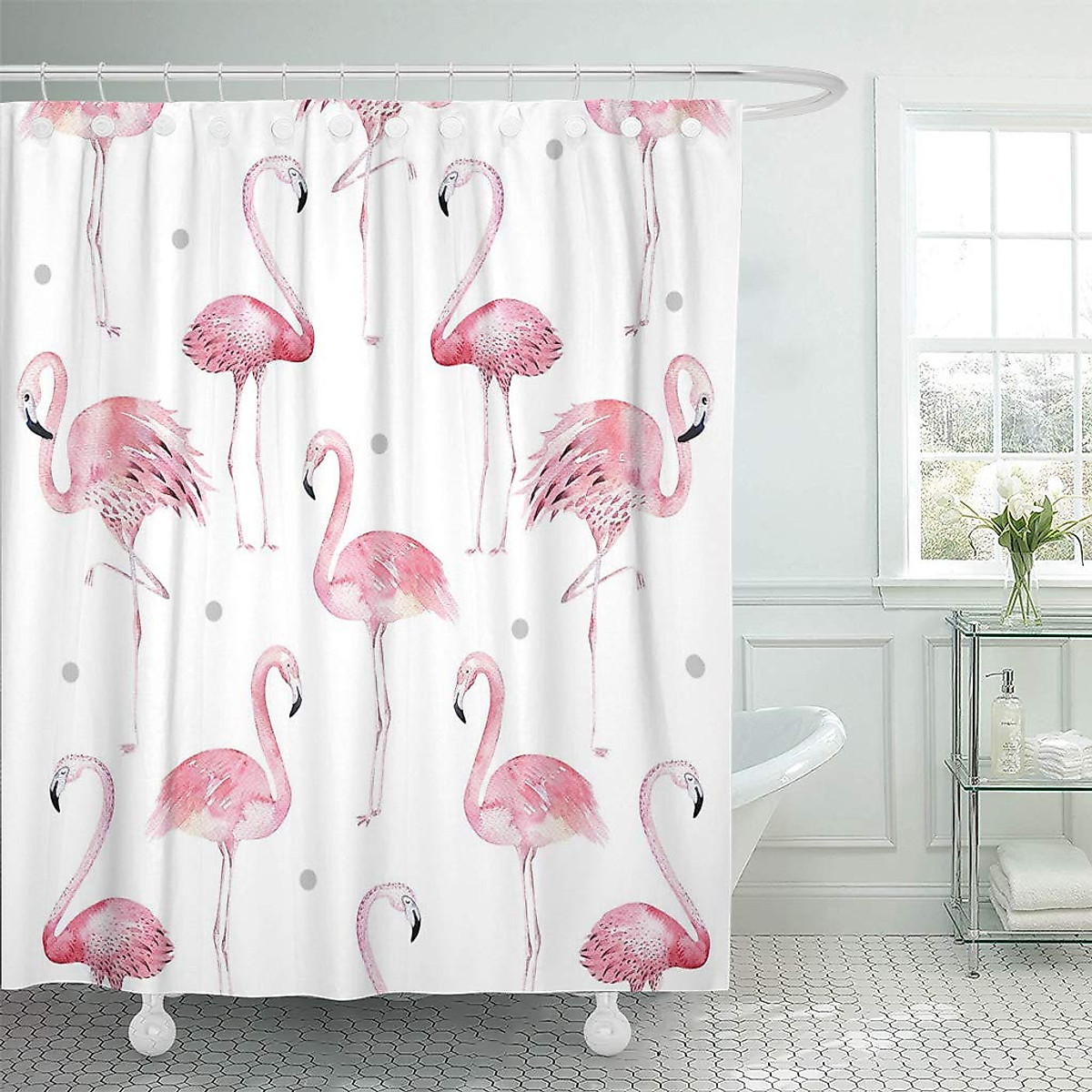 ArtSocket Shower Curtain Watercolor Bath Pink Flamingos Grey Polka Dots Chic Tropical Home Bathroom Decor Polyester Fabric Waterproof 72 x 72 Inches Set with Hooks