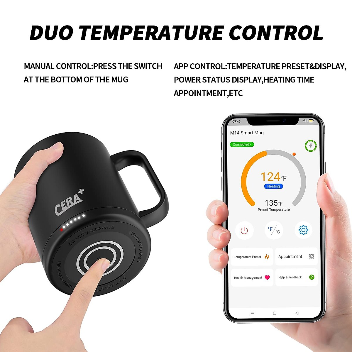 Temperature Control Smart Mug with Lid, 14oz, Self Heating, 1.5-hr Battery Life + Type-C Charging Coaster，APP or Manual Controlled, On/Off Time Preset by APP, Double Layers S.S, Gift-Packing