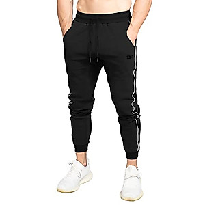 BROKIG Men Double Whitelines Athletic Open Bottom Sweatpants,Casual Workout Lounge Pants with Zipper Pockets,Slim Fit Gym Joggers for Men (X-Large, Black)
