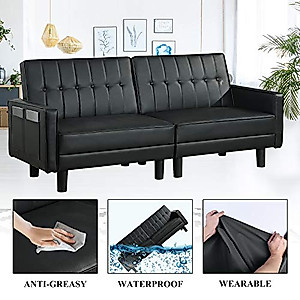 SAMERY Futon Sofa Bed Couch and Sleeper Sofas for Living Room, Faux Leather Convertible Folding Sofa Bed Couch and Loveseat for Small Space with Side Pockets Armrest and Sturdy Legs