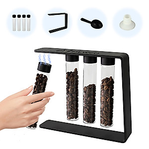 M MEWCO Single Dose Coffee Bean Storage Tubes With magnetic attraction function-4 Tubes Espresso Bean Cellars with stand(Single Dose Bean Cellar 4 pack+ Stand)