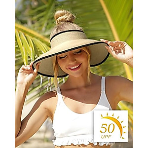 Camptrace Sun Visors for Women Wide Brim Beach Hat UPF 50+ Foldable Straw Visor Hat Ponytail Summer Packable Beige