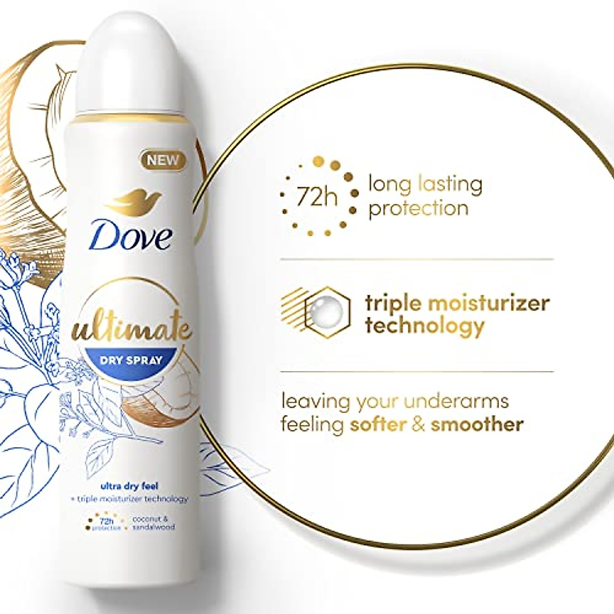 Dove Ultimate Dry Spray Antiperspirant Coconut And Sandalwood 2 Count For 72-Hour Sweat And Odor Protection With Triple Moisturizer Technology 3.8oz