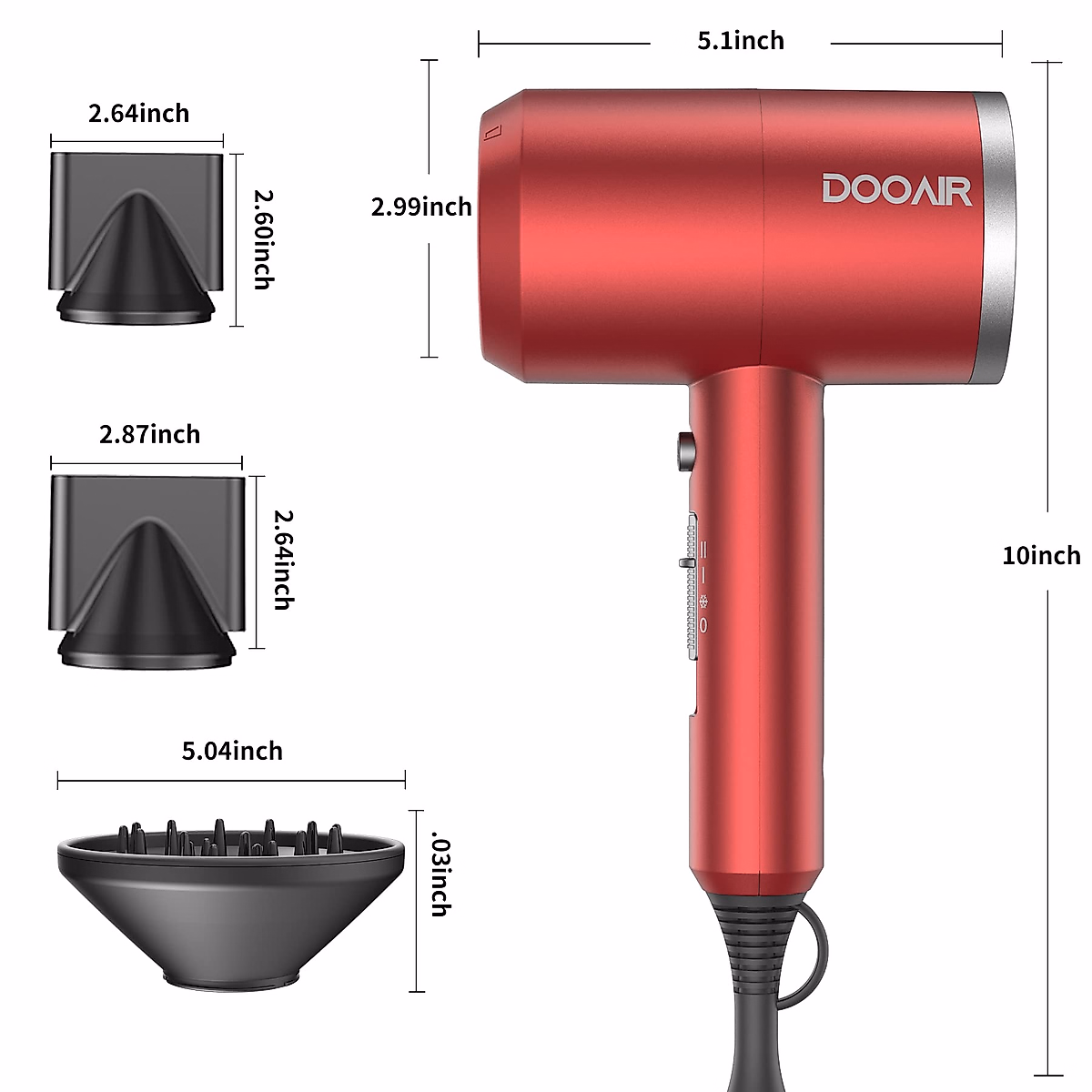 Ionic Hair Dryer, DOOAIR 1875W Blow Dryer with Diffuser and Concentrator, Professional Hair Dryer for Curly Hair, Negative Ion Technology, Constant Temperature Hair Care for Light and Quiet (Red)