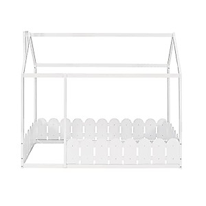 BIADNBZ Twin Size House Floor Bed Frame with Roof, Wooden Montessori Bedframe with Fence, for Kids Teens Bedroom, Slats are not Included, White
