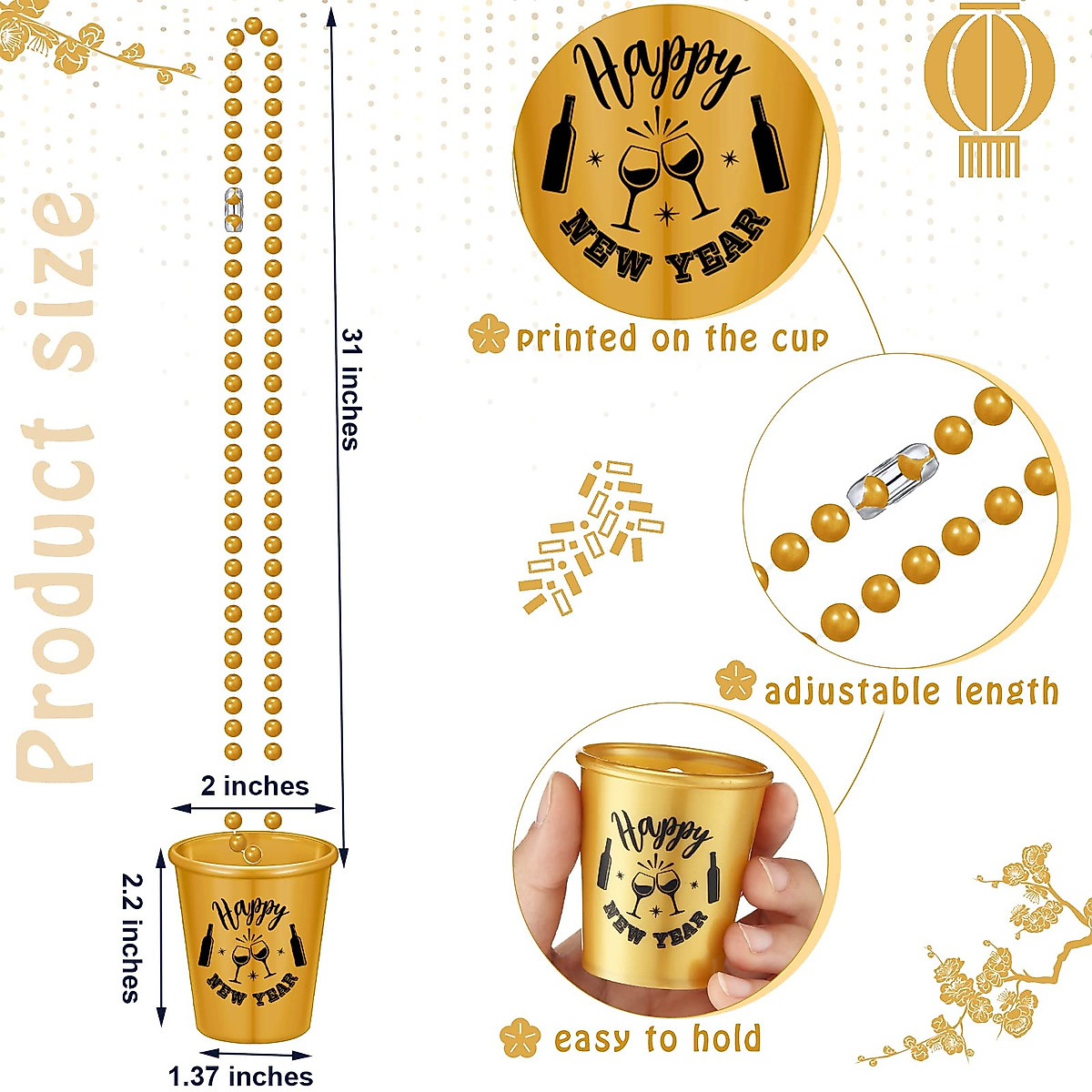 12 Pieces Happy New Year Shot Glass Beaded Necklace Plastic Shot Necklace Cups New Years Party Shot Glasses Necklace Favors for Adults and Teens New Year's Party Family Gathering Supplies, 3 Colors