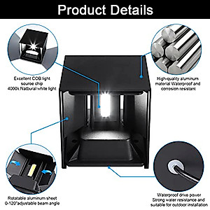 Juyace LED Sconce Wall Lighting 20W Outdoor Wall Light Up and Down Exterior Light Fixtures Angle-Adjustable Square Aluminum 4.7" IP65 Waterproof 6000K for Porch Patio Garage Backyard Garden