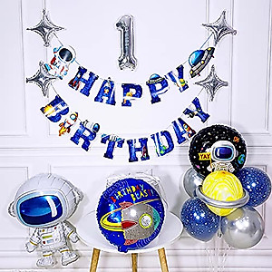 LINGAIXINYUE, Space Ship Astronaut Happy Birthday Banner Boys Birthday Party Banner Decoration Blue