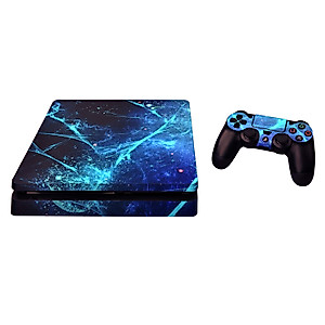 eXtremeRate Full Set Faceplate Skin Decals Stickers and 2 Led Lightbar for ps4 Slim/for ps4 Slim Console & 2 Controller Decal Covers - Blue Galaxy