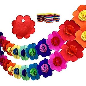 2pcs 9 Feet Rainbow Honeycomb Paper Garland Flower Banner,Mexican Paper Garland Hibiscus Garland,Large Tropical Tissue Paper Flowers for Luau Party Hawaiian Fiesta Handcrafted Hanging Decorations