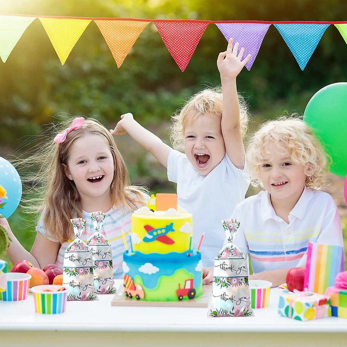 Zonon 100 Pieces Thank You Cellophane Bags Blessing Treat Bags Flower Pattern Cello Treat Party Bags with 150 Pieces Silvery Twist Ties