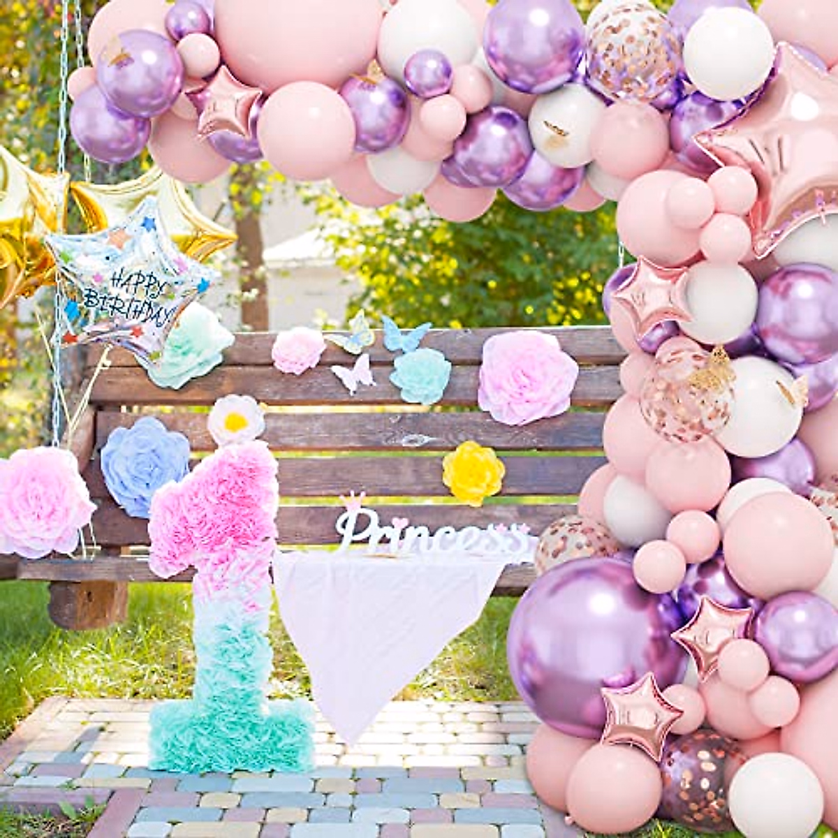 RUBFAC 176pcs Pink Balloon Garland, Purple Baby Shower Decorations for Girl with Butterfly Decorations Foil Balloons for Birthday Party Bridal Shower Bachelorette Engagement Decoration
