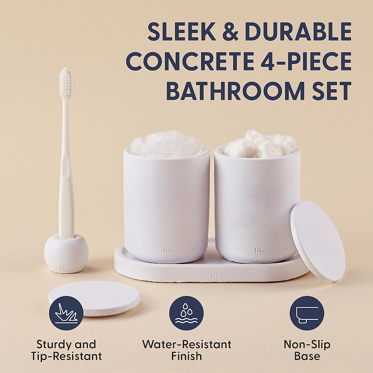 Maisonovo Stone Bathroom Toothbrush Holder Set – Qtip Holder, Cotton Ball & Cotton Rounds Holder, Countertop Toothbrush & Toothpaste Cup W/Stand & Tray, Qtip Container, Cotton Swab Organizer - White