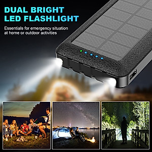 Portable Charger with Built-in Cables 30000mAh Solar Power Bank Fast Charge Battery Pack with 4 Outputs 3 Inputs,LED Flashlights,Solar Phone Charger for Smart Phones,Tablets and Camping