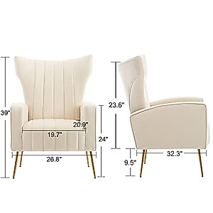 HOMEFUN Accent Chair Set of 2, Velvet Wingback Armchair Modern Upholstered Single Sofa with Metal Legs for Living Room Bedroom Nursery, Beige