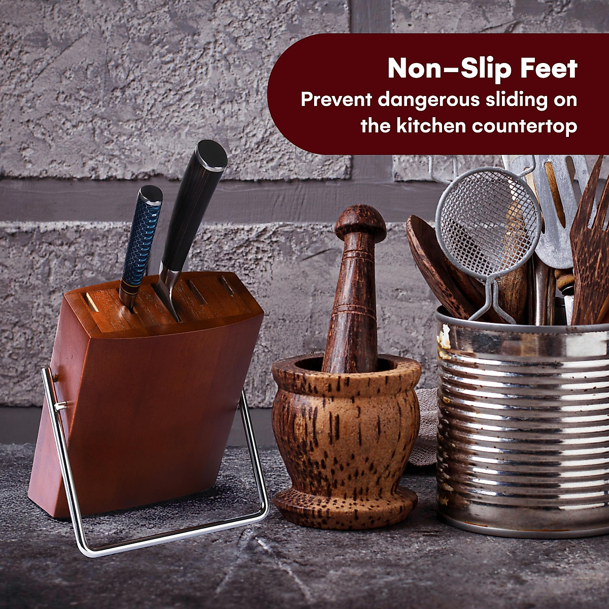 Vdomus Rubber Wood Knife Block - 9x7x3-Inch Universal Knife Holder for Kitchen Counter - Knife Stand Holder with Non-Slip Pad - Knives Storage Block with Large Capacity up to 12 Knives - Brown