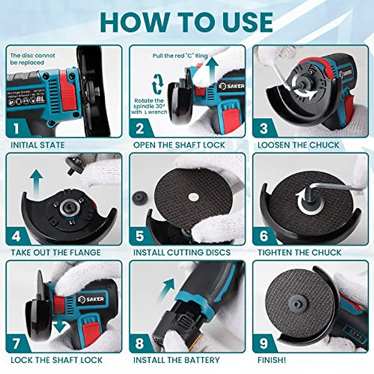 Saker 3" Cordless Angle Grinder - 12V 16800 RPM Brushless Portable Cut off Tool Kit with 1PC Battery and Charger, extra 5 PCS Disc