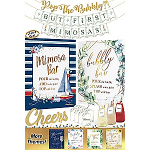 PRESTIGE Mimosa Bar Kit | Bubbly Brunch Decorations w/Greenery Mimosa Bar Sign & Gold Banners. Classy Bridal Shower Decorations, Momosa Bar Baby Shower Supplies, Rustic Birthday Party Brunch Decor Set