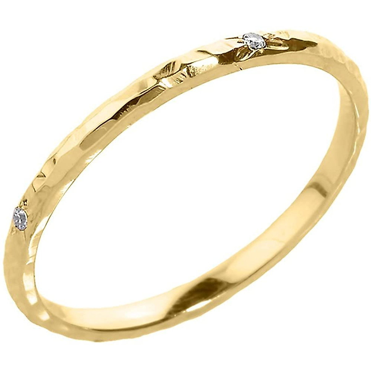 Modern Contemporary Rings 14K Yellow Gold Diamond Accented Hammered Stackable Slender Ring with Starburst Engraved Flush Set Gems (J-K Color, I1-I2 Clarity) - Size 10-1/2