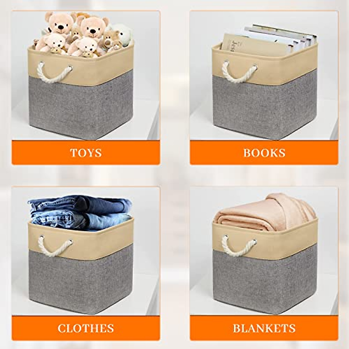 MEGACRA Fabric Storage Baskets 13x13x13 Storage Cubes Collapsible Storage Bins Basket [3-Pack] with Sturdy Handles Fabric Storage Bin Organizational Baskets for Shelves Clothes Toys Books, Office, Nursery Perfect Organization and Storage