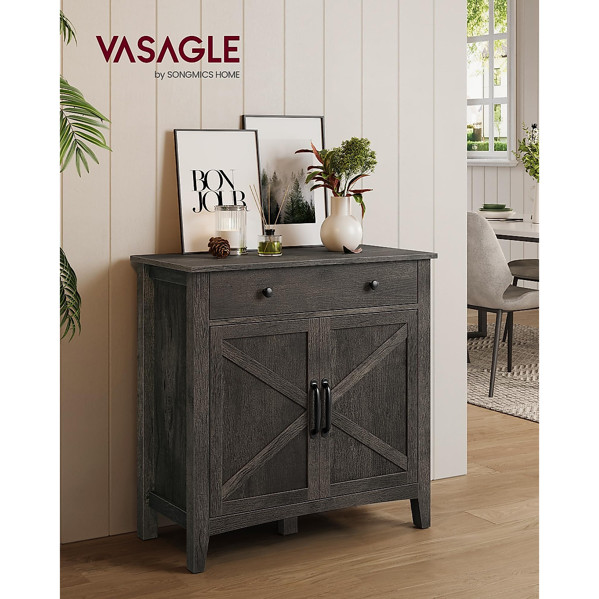 VASAGLE Coffee Bar Cabinet, Kitchen Storage Cabinet with Drawer, Farmhouse Cabinet Sideboard with Adjustable Shelf for Kitchen, Stone Gray UBBK341B02