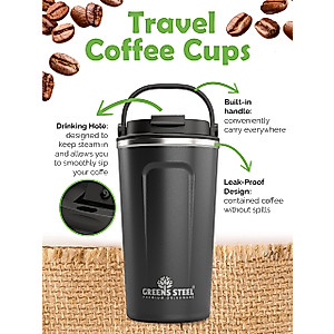 Reusable Coffee Cup with Lid and Handle - Stainless Steel Insulated Coffee Mug for Hot & Cold Drinks - Ideal Travel Mugs - 100% Leak-Proof Tumbler - 16 oz Black