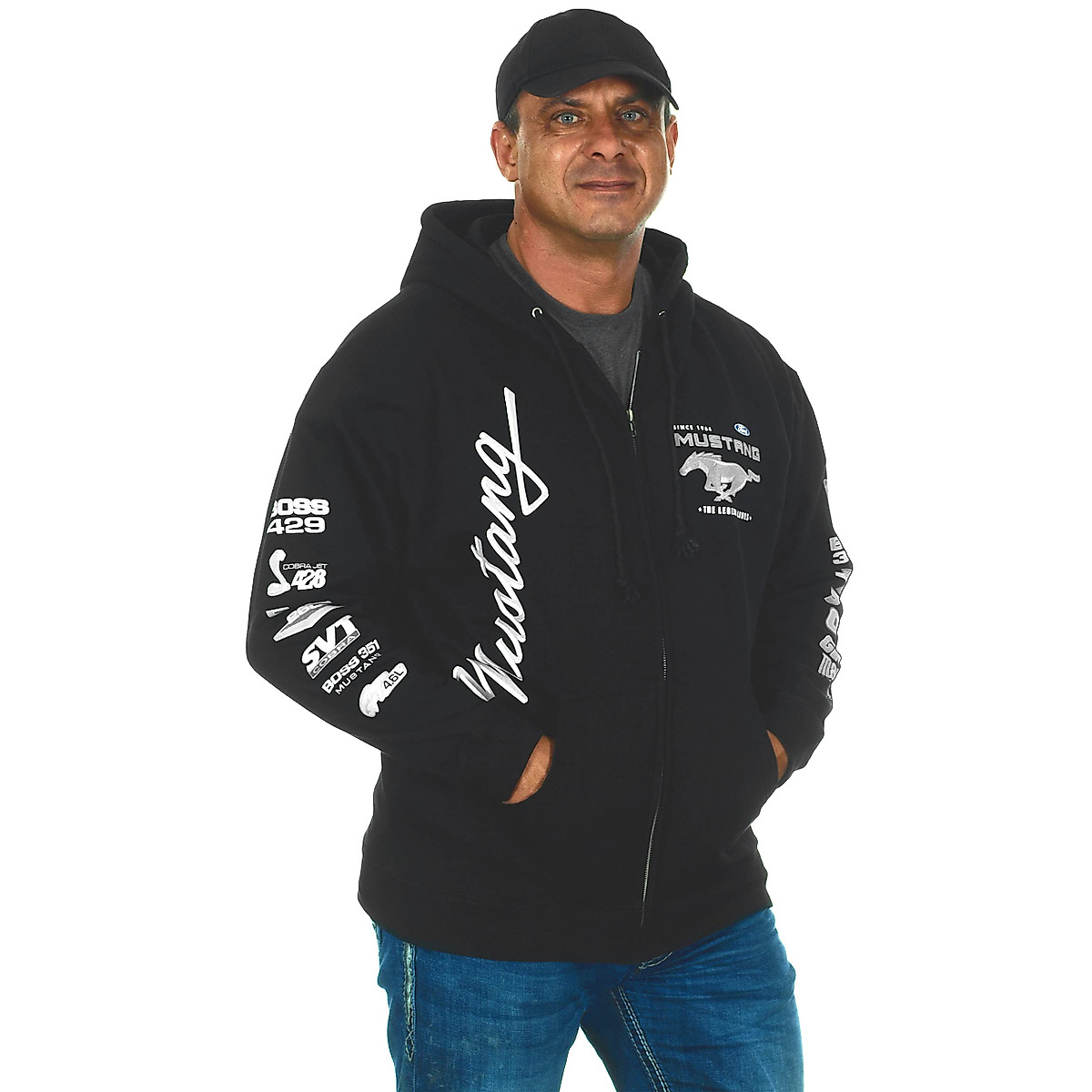 JH DESIGN GROUP Men's Ford Mustang Collage Black Zip Up Hoodie Sweatshirt (Large, CLG2-black)