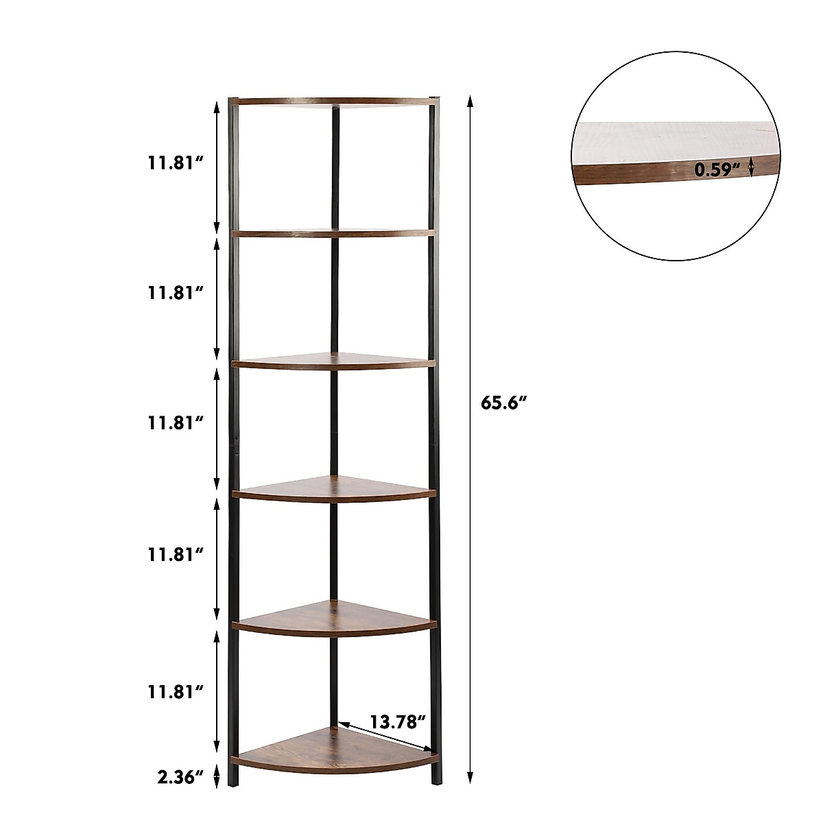 thksbought 6 Tier Corner Shelf,Display Shelf,Ladder Corner Wooden Storage Metal Frame Shelf,Multi-Functional Shelf Unit Wall Corner Shelf for Bedroom,Bathroom and Office Space (1,Dark Brown)