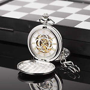 ManChDa Silver Pocket Watch for Men Son Pocket Watch Mechanical Pocket Watch with Chain Retro Smooth Classic Handwind Pocket Watch Roman Numerals Pocket Watch for Women