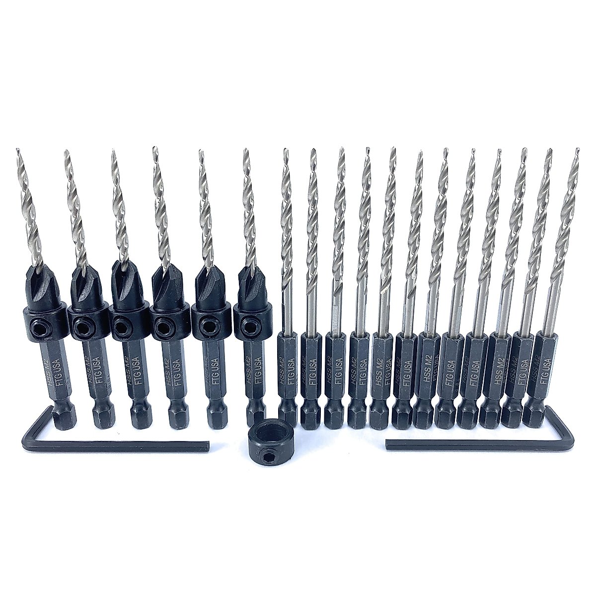 FTG USA Countersink Drill Bit Set 6 Pc #6 (9/64") Wood Countersink Drill Bit Pro Pack Countersink Set, 12 Replacement Tapered Countersink Drill Bits 9/64",1 Stop Collar, Hex Wrench