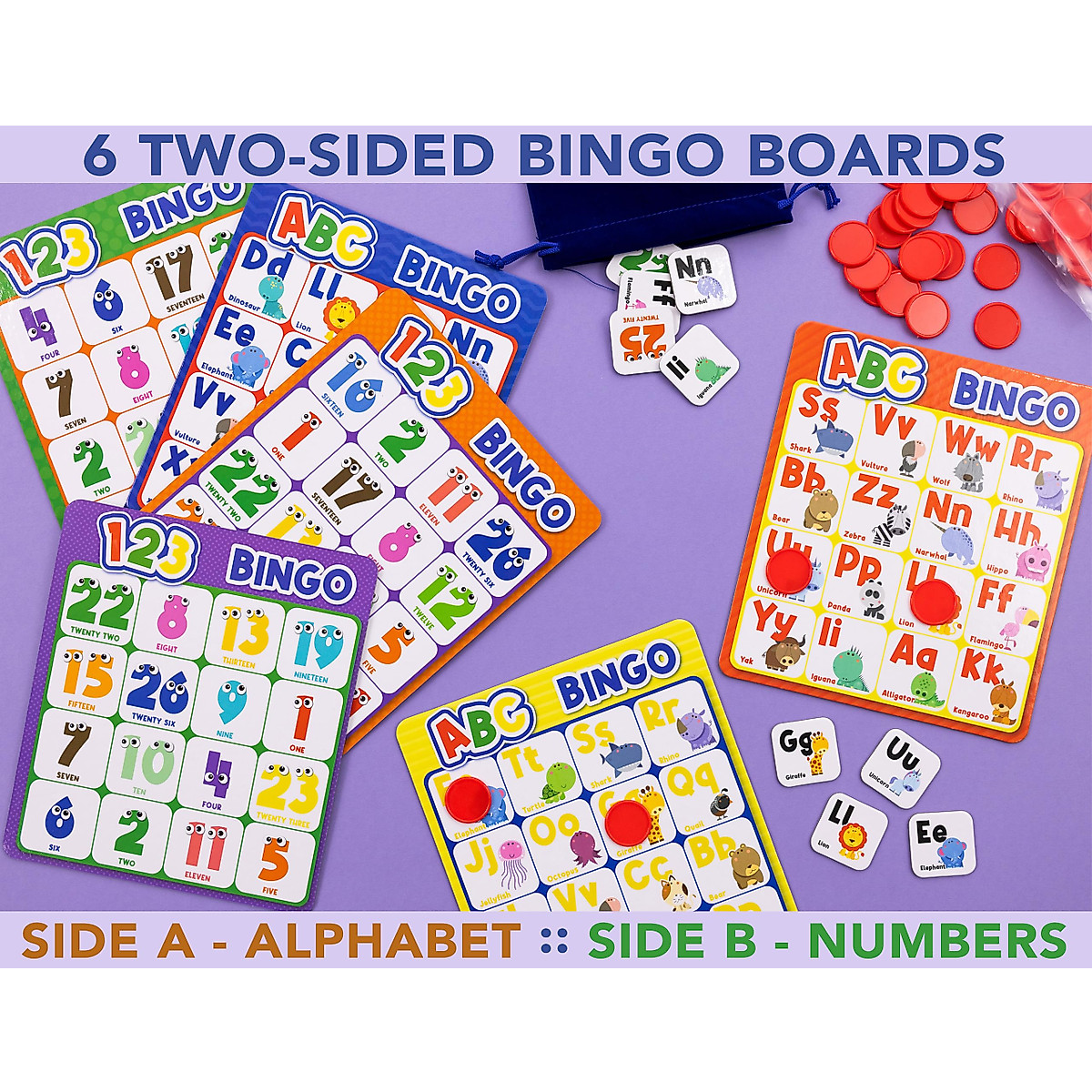 Party Hearty Alphabet and Number, ABC and 123 Bingo Board Game for Kindergarten and Preschool Kids Learn to Read Fun 2 Versions for Ages 4 and Up (Animal Edition)