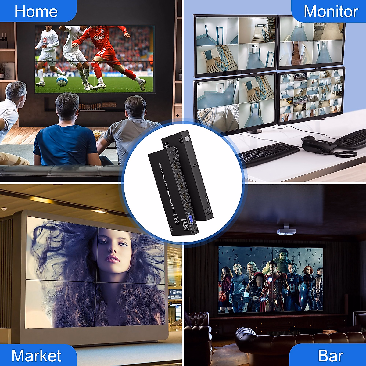 2x2 Video Wall Controller, 4K UHD Video Wall HDMI Splitter TV Wall Processor for 4 TV Splicing Display, 180 Degree Rotate and 8 Splicing Modes 2x2,1x2,1x3,1x4,2x1,3x1,4x1 with Remote Control