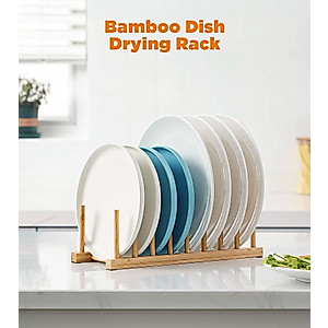 RISHTEN Bamboo Dish Drying Rack, 2 Pack Wooden Storage Holder Organizer for Plate/Bowl/Cup/Book/Pot/Lid/Cutting Board Drying Rack Stand Holder