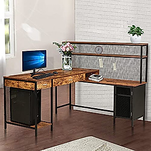 HEAO L-Shaped Desk with 2 Drawers and Cabinet, Industrial Style Home Office Desk W/Storage Shelves,Corner Desk Double Computer Table Space-Saving (Light Brown)